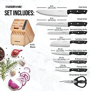Farberware Edgekeeper Triple Rivet Block Set with Built in Knife Sharpener, 16-Piece, Black
