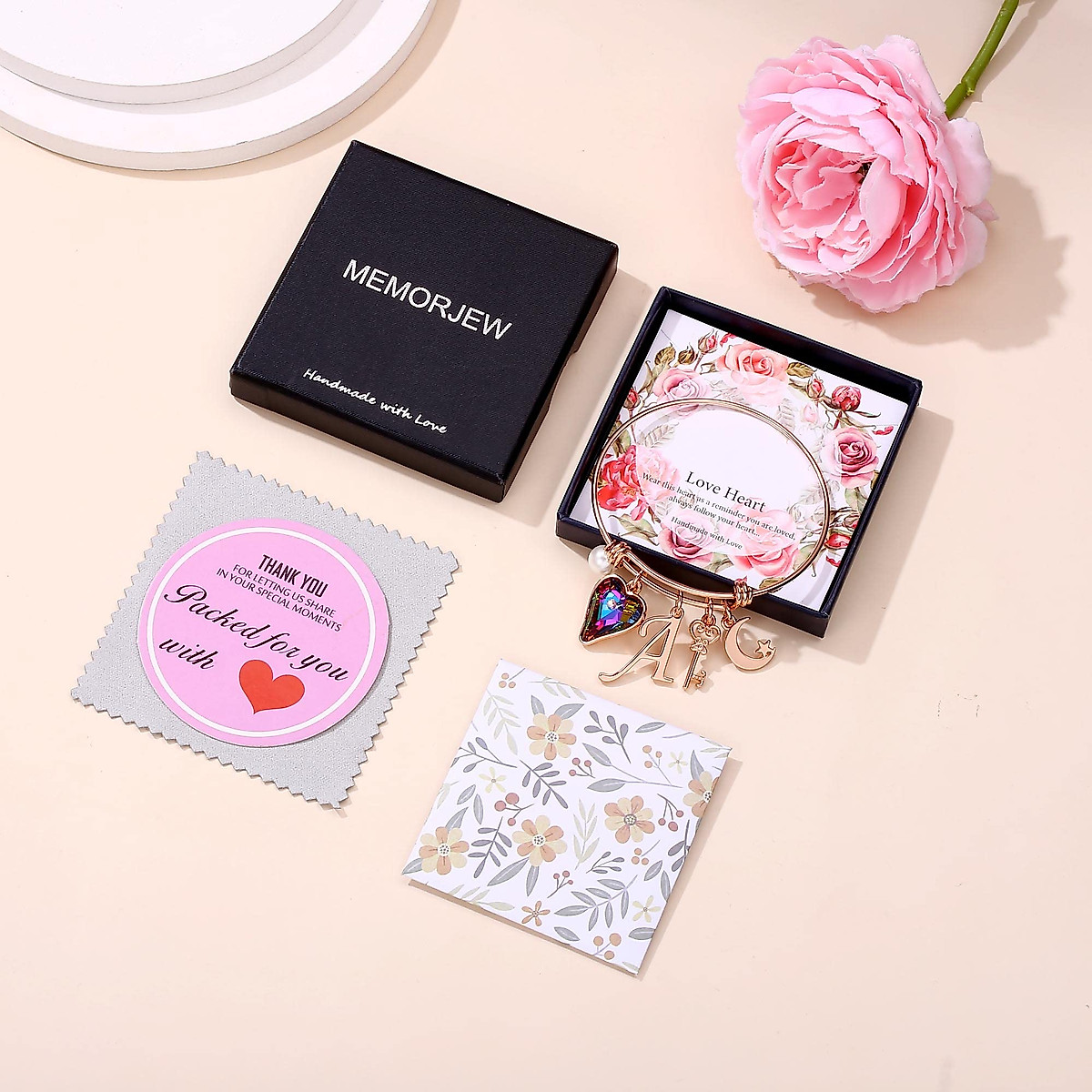 Memorjew Gifts for Women Teen Girls, Rose Gold Letter C Initial Charm Bracelets Teenage Teen Girls Gifts for Jewelry Mothers Day Valentines, Heart Bangle Flower Girl Bridesmaid Gifts for Wedding