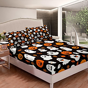 Feelyou Girls Pumpkin Lantern Twin Size Bedding Set Decoration Ghost Spider Bed Sheets for Kids Boys Kawaii Halloween Fitted Sheet Black Cute Sheets Set,No Top Sheet