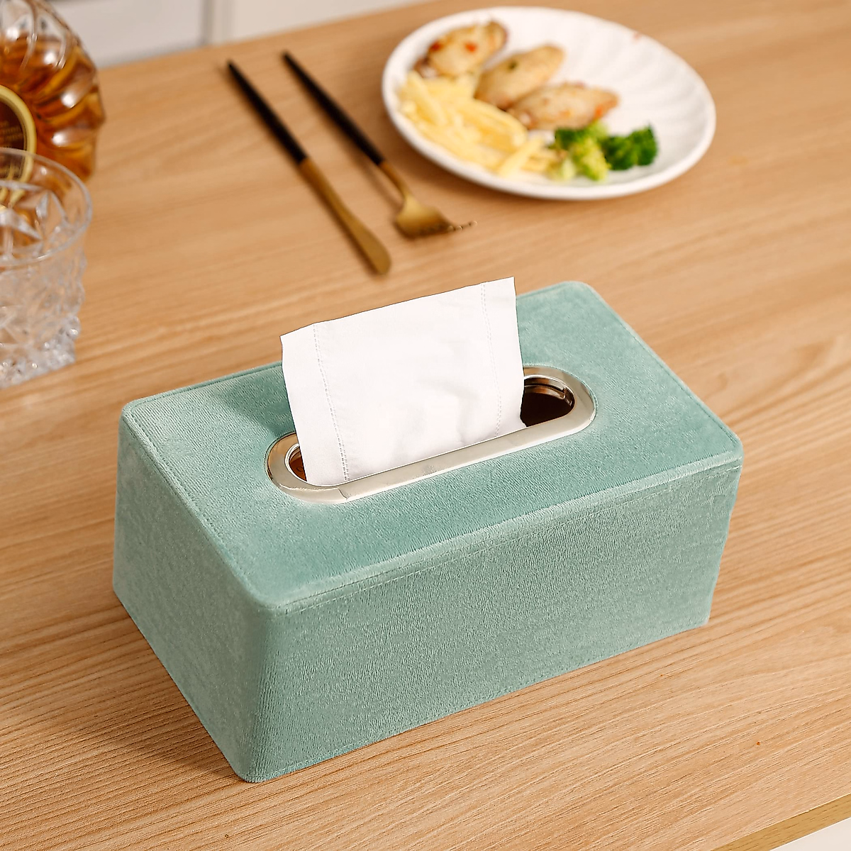 GLOBAL KA Tissue Box Cover Modern Rectangular Tissue Box Holder Decorative Paper, Facial Tissue Holder with Magnetic Bottom for Vanity Countertop Night Stands Office Car Home (Light Celery Green)