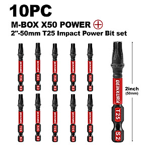 Geinxurn 10 Pieces 2 In. T25 Impact Tough Magnetic Screwdriver Bit Set, #25 Torx Head Power Bits, S2 Alloy Steel Star Bits with Storage M-Box