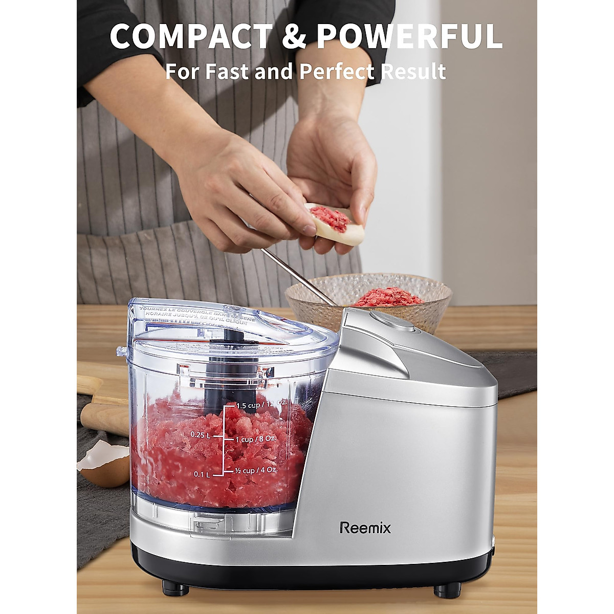 1.5-Cup One-Touch Electric Food Chopper, 100W Mini Food Processor Meat Grinder, Mix, Chop, Mince and Blend Vegetables, Fruits, Nuts, Meats, Stainless Steel Blade (Silver)