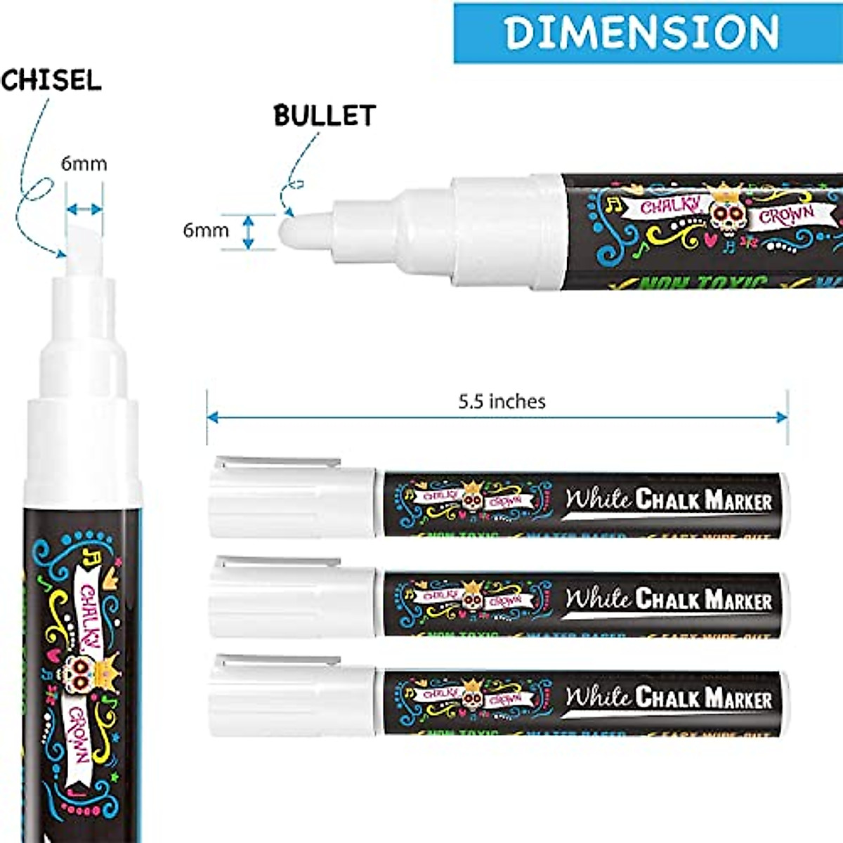 CHALKY CROWN Liquid Chalk Marker Pen - White Drawing Chalk - Chalk Markers for Chalkboard Signs, Windows, Blackboard, Glass - 6mm Reversible Tip (5 Pack) - 24 Chalkboard Labels Included