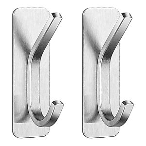 2 Pack Self Adhesive Hooks,Towel Hooks for Bathroom, Heavy Duty Adhesive Hooks,Shower Hooks for Inside Shower,Stainless Steel Wall Hooks for Coat,Robe and Towels, Stick On Bathroom and Kitchen,Sliver