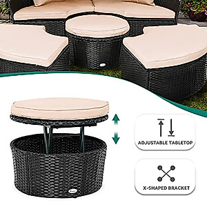 YITAHOME Patio Round Outdoor Daybed with Retractable Canopy Rattan Wicker Clamshell Furniture Seating with Soft Cushions for Backyard Porch Poolside (Beige)