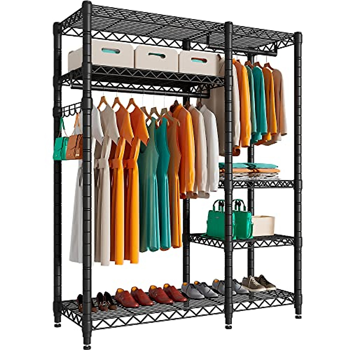 PUNION Wire Garment Rack, Heavy Duty Clothes Rack for Hanging Clothes, Metal Clothing Rack, Compact Freestanding Wardrobe Closet with Shelves Racks