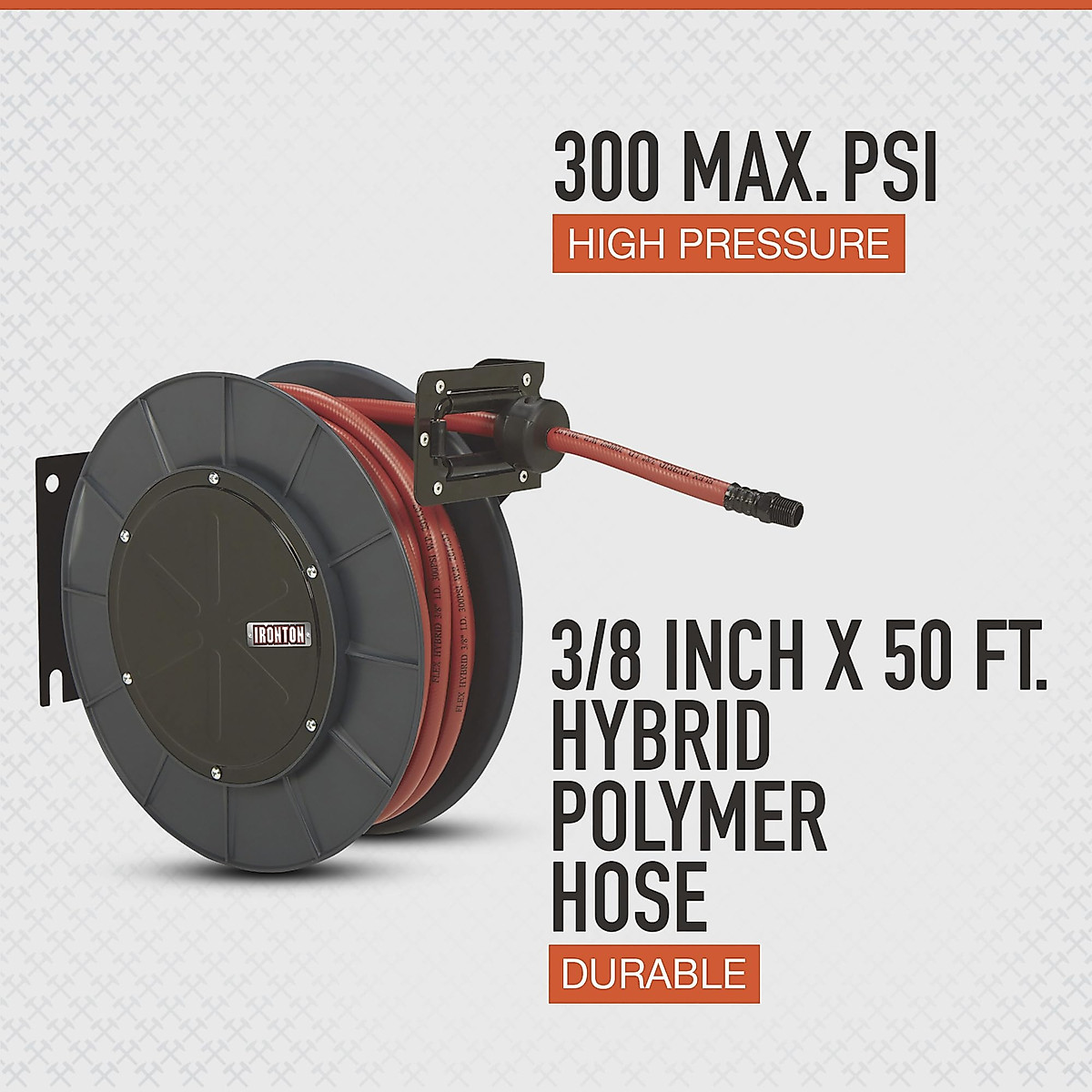 Ironton Auto Rewind Air Hose Reel - with 3/8in. x 50ft. Hybrid Polymer Hose, Max. 300 PSI