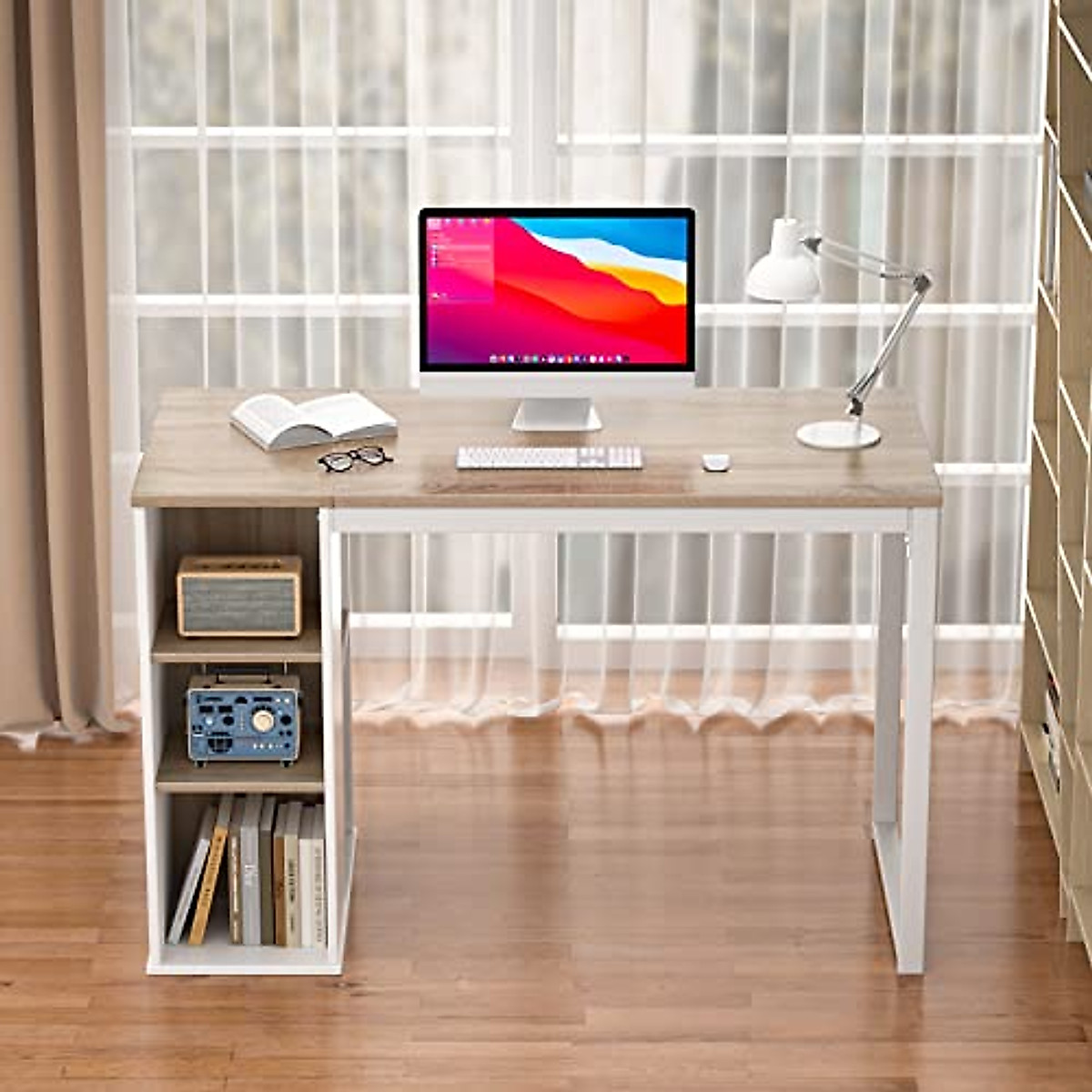 Coavas Computer Desk with Storage, Home Office Desk with Adjustable Shelves, Simple Style Writing Study Desk with Metal Frame, Modern Design PC Laptop Desk, 47 inch, Oak