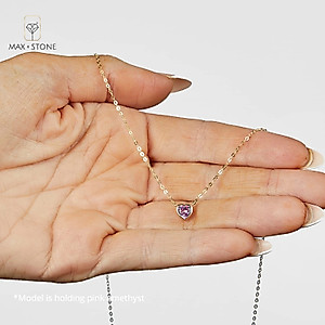 MAX + STONE Solid 14k White Gold Created Green Emerald Bezel Set Heart Pendant Necklace for Women with Spring Ring Clasp 5mm February Birthstone Necklace