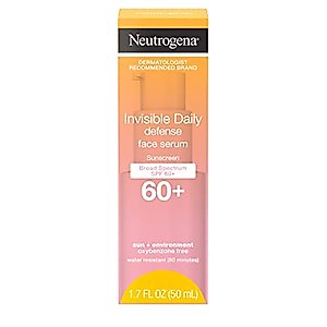 Neutrogena Invisible Daily Defense Face Sunscreen + Hydrating Serum with Broad Spectrum SPF 60+ & Antioxidants to Help Skin Glow, Oil-Free, Fragrance Free, 1.7 fl. oz