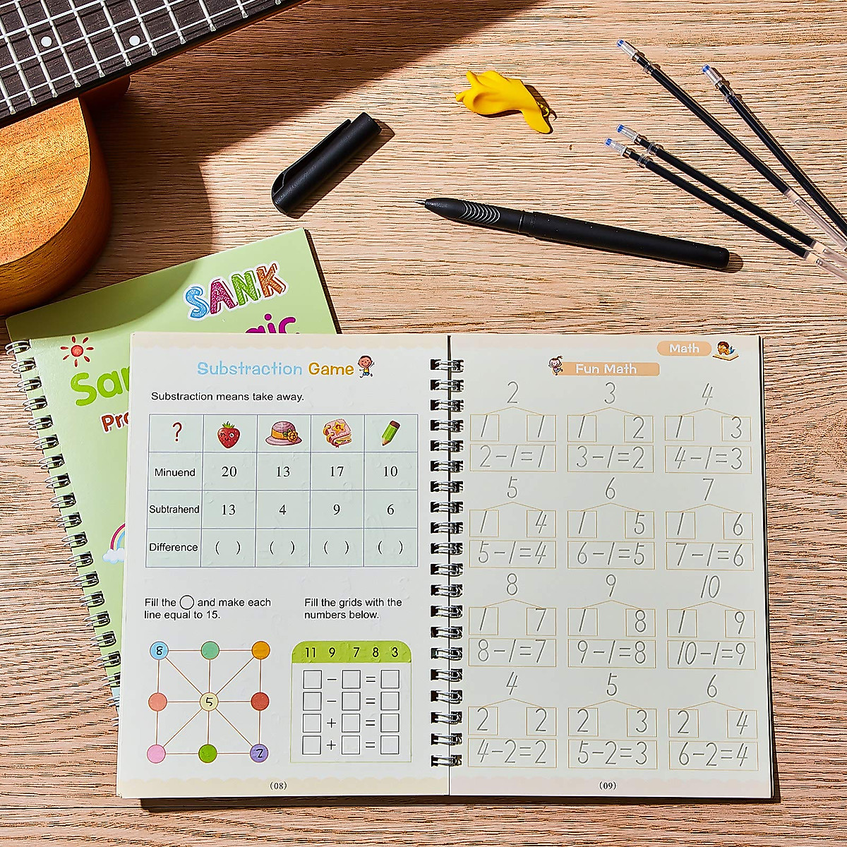 2 Pieces Magic Practice Copybook Magic Writing Paste Practical Reusable Writing Tool Workbook with Pens Set for Kid Calligraphic Christmas Gifts (Number and Math)