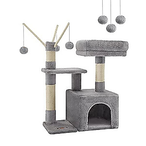 Feandrea Cat Tree, Small Cat Tower with Padded Perch, Cat Cave, 3 Pompoms, Cat Activity Center, Light Gray UPCT121W01