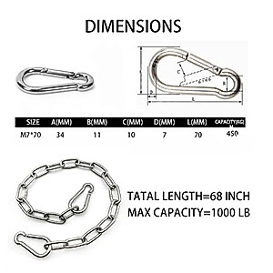 MIKMAYTOO Heavy Duty Stainless Steel Chain 550LB Capacity for Punching Bags Hanging Chair Hammocks Swing Trapeze Yoga (68, 4MM-2 PCS)