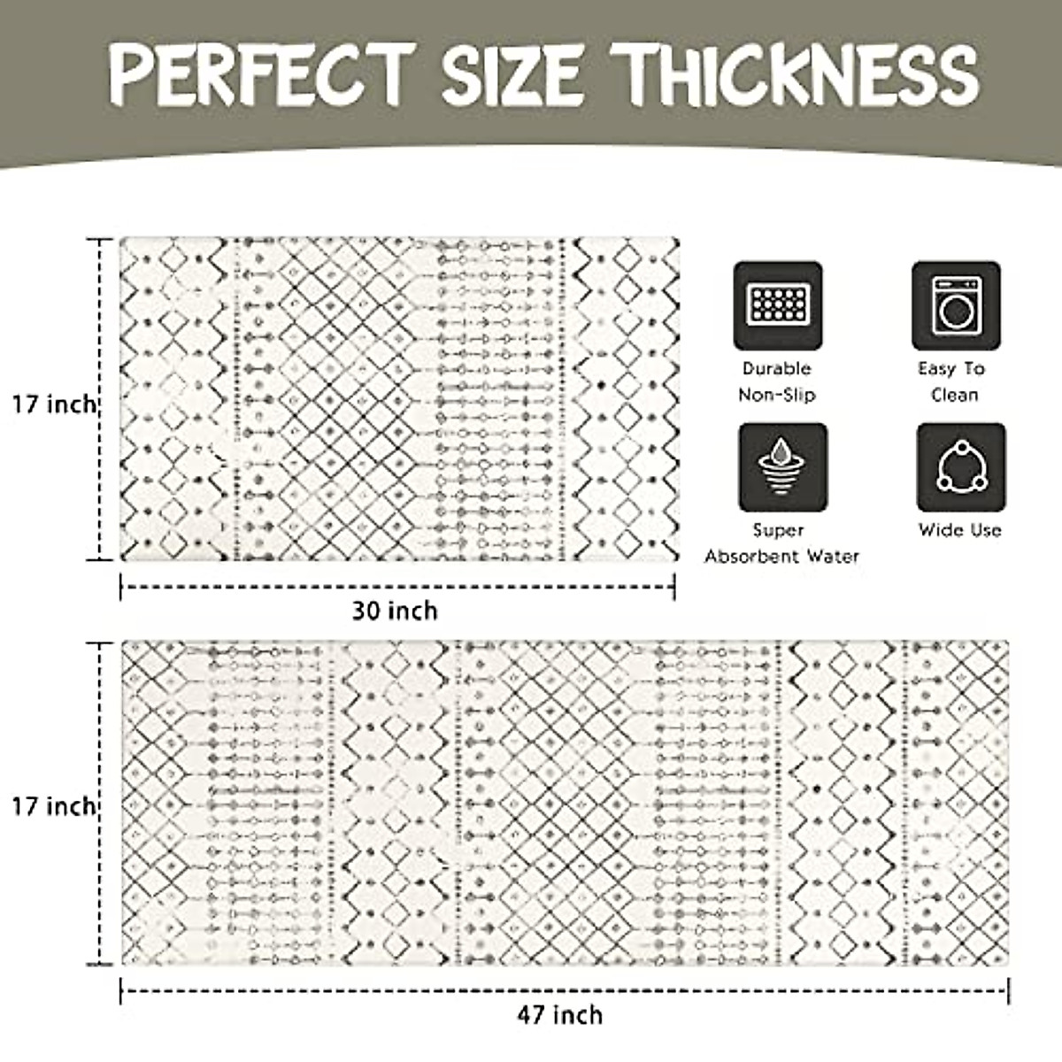 Xsinufn Boho Kitchen Mat Set of 2,Modern Farmhouse Kitchen Rugs and Mats Non Skid Washable,Moroccan Boho Runner Rugs with Rubber Backing for Kitchen Decor Accessories (Grey/Off-White 17"x47"+17"x30")