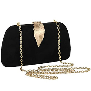 Milisente Clutch Purses For Women, Solid Soft Suede Evening Clutch Bag Shoulder Bag With Metallic Leaves Clasp(Black)