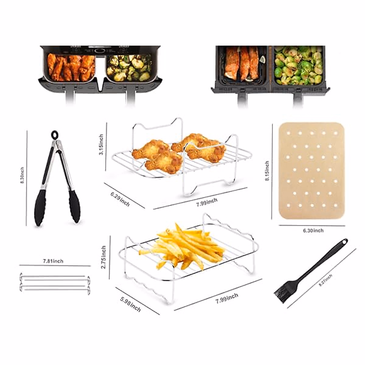 Dual Basket Air Fryer Accessories for Ninja Foodi DZ401 DZ550 DZ302 & Other 10 Quart 2-Basket DualZone Air Fryers, Come with Air Fryer Rack Set, 100Pcs Paper Liners, Silicone Brush & Tongs