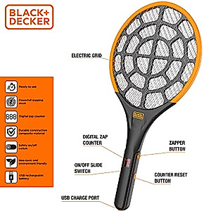 BLACK+DECKER Bug Zapper Fly Swatter Electric - Fly Zapper & Bug Zapper Indoor & Outdoor- Heavy Duty w/Counter for Flies, Mosquitoes, Gnats & Other Small to Large Flying Pests