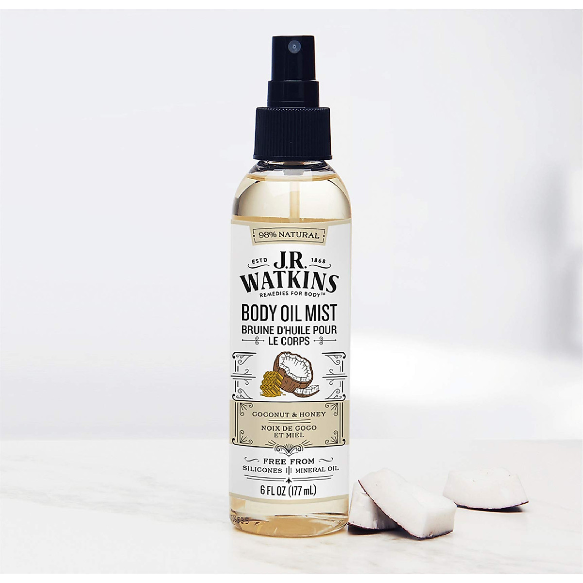 JR Watkins Natural Hydrating Body Oil Mist, Coconut Milk & Honey, Moisturizing Body Oil Spray for Glowing Skin, USA Made and Cruelty Free, 6 fl oz (Pack of 2)