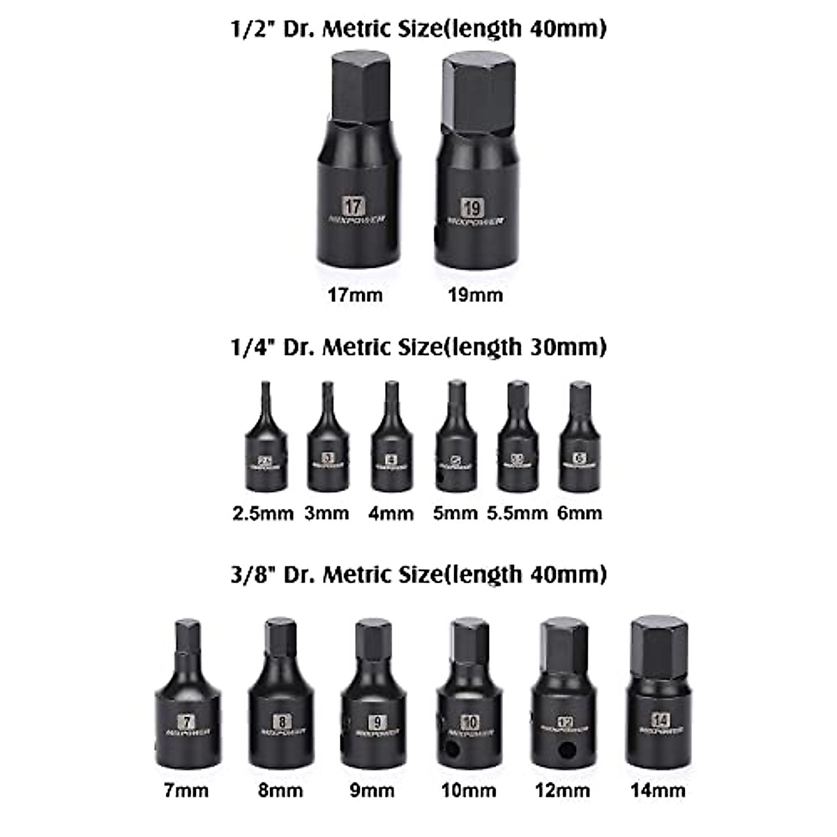MIXPOWER 14-Piece Dr. Bit Socket Set, 2.5mm to 19mm, 1/4", 3/8" and 1/2" Drive, Cr-Mo Impact Grade, Metric, Hex Bit Socket