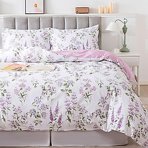 FADFAY Purple White Floral Duvet Cover Sets Queen 100% Cotton Lilac Lavender Reversible Comforter Cover French Country Bedding All Season Soft Crisp Green Leaves Bed Cover with Zipper 3 Pieces
