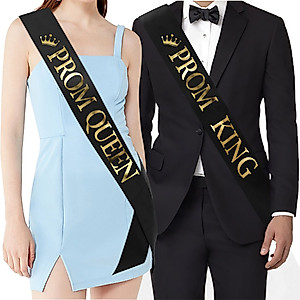 "Prom King" and "Prom Queen" Sashes - Graduation Party School Party Accessories, Black with Gold Print