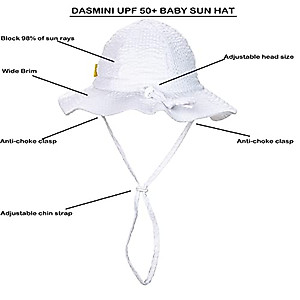 DASMINI Baby & Toddler Wide Brim Sun Hats UPF 50+ Sun Protection Bucket Cap Cute Adjustable Hat (wht Seersucker, 0-6M)