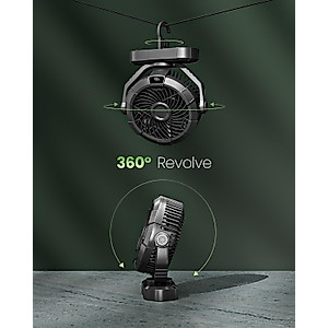 Gaiatop Portable Camping Fan with LED Lantern, 4000mAh 8-Inch Rechargeable Outdoor Tent Fan, 360° Head Rotation, 3 Speed and Quiet Battery Operated USB Desk Fan for Indoor Outdoor Travel Black