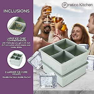 Pratico Kitchen Large Ice Tray, 4 Big 2.25 inch Ice Cubes for Whiskey and Cocktails, 2 Pack