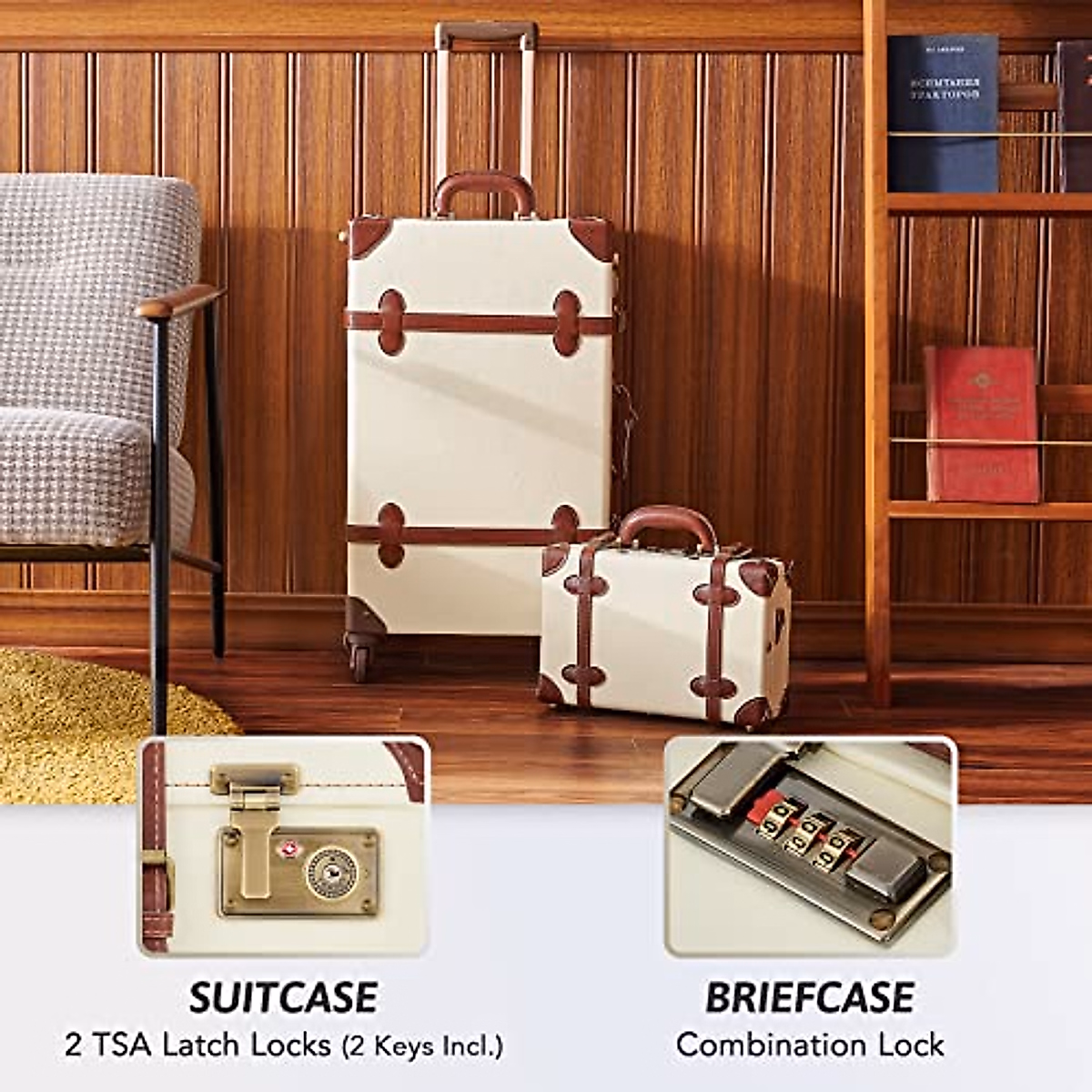 CO-Z Vintage Luggage Sets, 2 Piece Retro Suitcase with Spinner Wheels TSA Lock and Carry On Briefcase, Large 24" Trunk Small 12" Train Case Leather Travel Luggage Set for Women Men, Beige