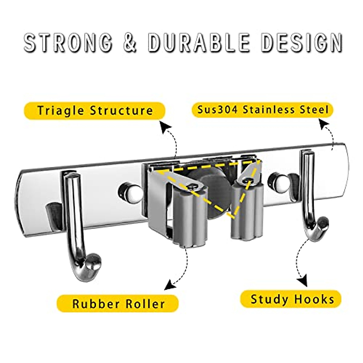 OUAIVANY Mop and Broom Holder Wall Mount, Mop Holder Stainless Steel Broom Hanger Rack Heavy Duty Broom Organizer for Home Kitchen Bathroom (2 Packs)