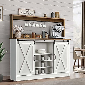 Farmhouse Coffee Bar Cabinet, 47'' Coffee Bar Station with 6 Hooks, Kitchen Coffee Bar with Hutch & 9 Wine Racks, Coffee Bars for Dining Room, White