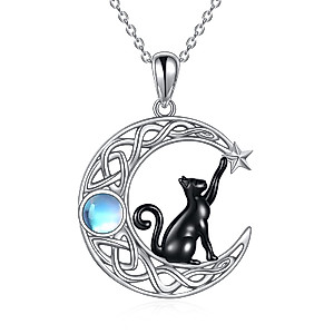VONALA Celtic Moon Black Cat Necklace for Women Sterling Silver Cat Jewelry for Women Moonstone Necklace for Cat Lovers