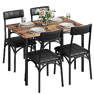 Amyove Kitchen Dining Room Table Set for 4 with Upholstered Chairs, Rustic Brown