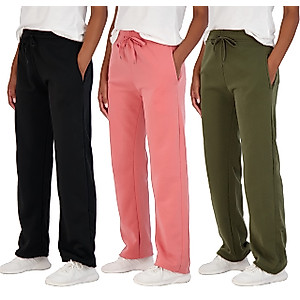 Real Essentials Womens Fleece Open Women Sweatpant Bottom Sweatpants Running Pant Baggy Wide Leg Jogging Sweats Bottoms Teen Lounge Active Ladies Warm Pants Casual Athletic Sweat, Set 7, L, Pack of 3