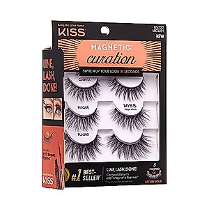 KISS Magnetic Curation False Eyelashes, 3 Pair with 5 Double Strength Magnets, Wind Resistant, Dermatologist Tested, Last Up To 16 Hours, Reusable Up To 15 Times in 3 Styles, Black, 3 Count