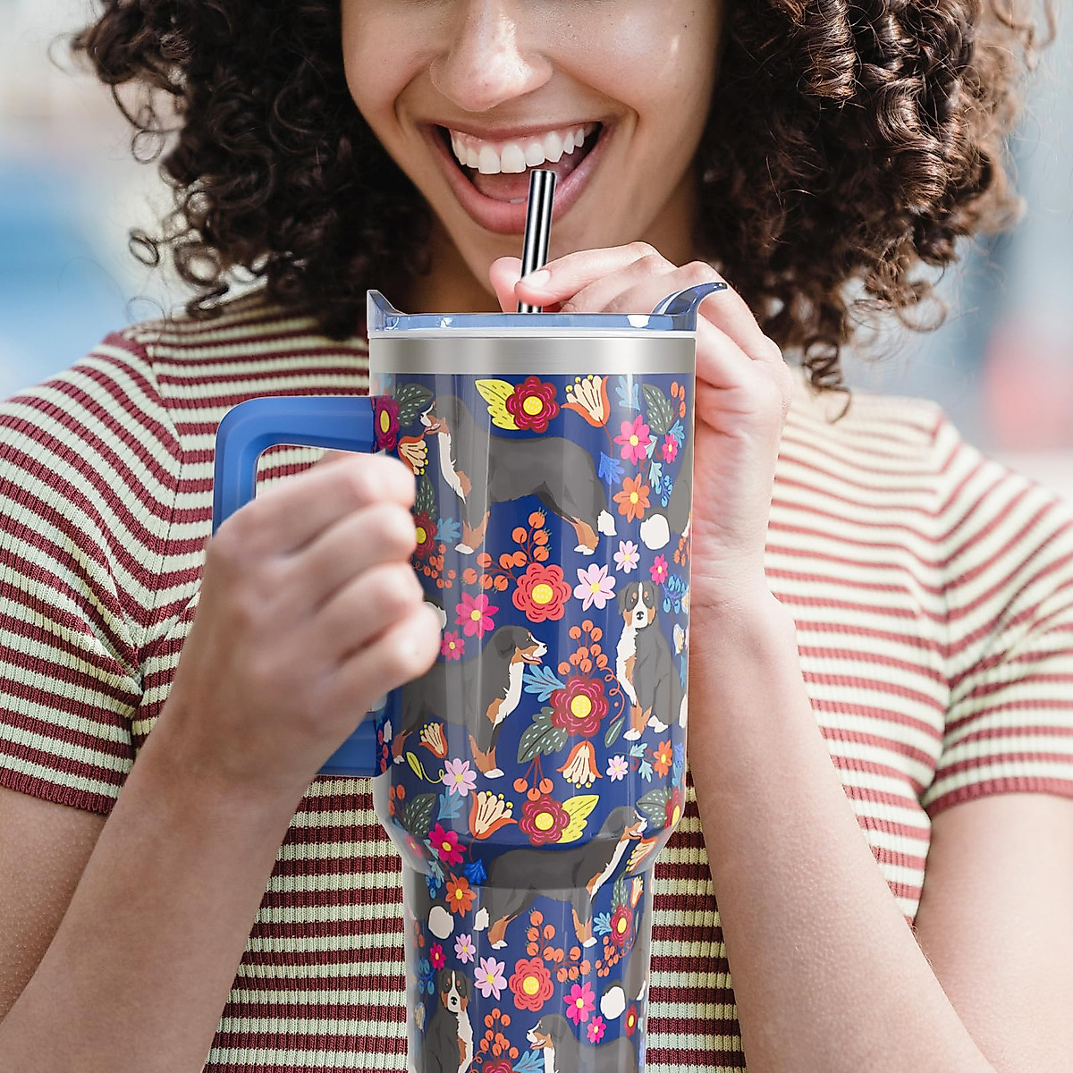 owbgsdh Bernese Mountain Dog Gifts for Women Lovers 40 oz Floral Bernese Mountain Tumblers with Handle and Straw, Stainless Steel Vacuum Insulated Travel Coffee Mug Cup Water Bottle