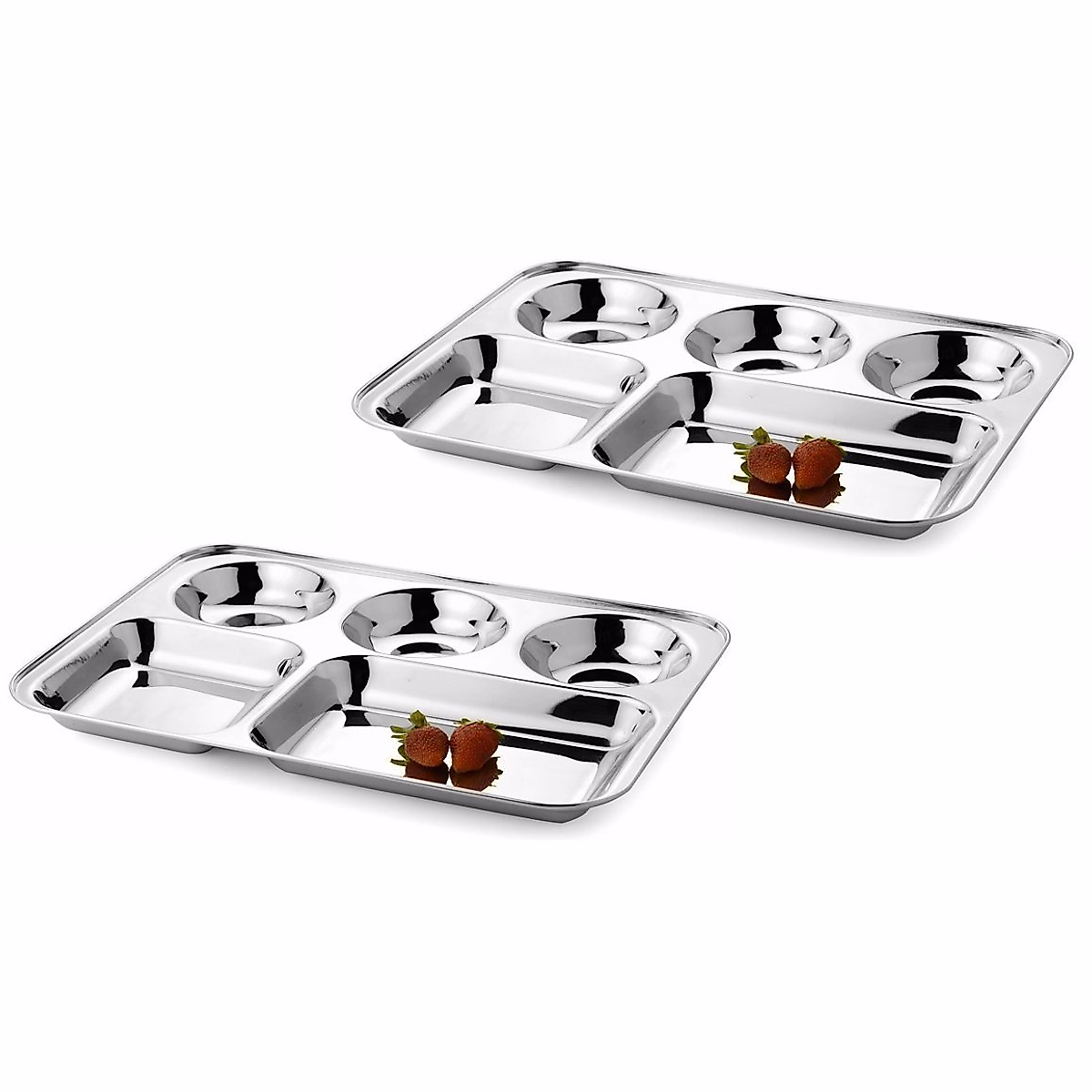 Khandekar Stainless Steel Five Compartment Rectangle Plates, Dinner Plate Set of 4 - Silver