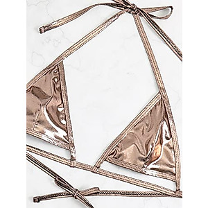 GORGLITTER Women's Sexy Metallic Swimsuit Cut Out Triangle Bikini Set Tie Side Thong Bathing Suit Champagne Medium