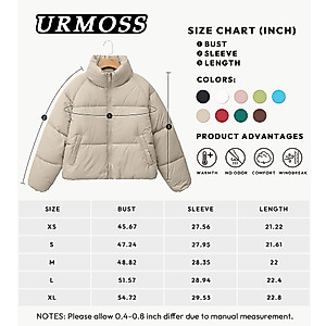 URMOSS Women's 2024 Winter Cropped Puffer Jacket Long Sleeve Stand Collar Oversize Lightweight Zip Up Short Down Coat with Pockets(Khaki,M)