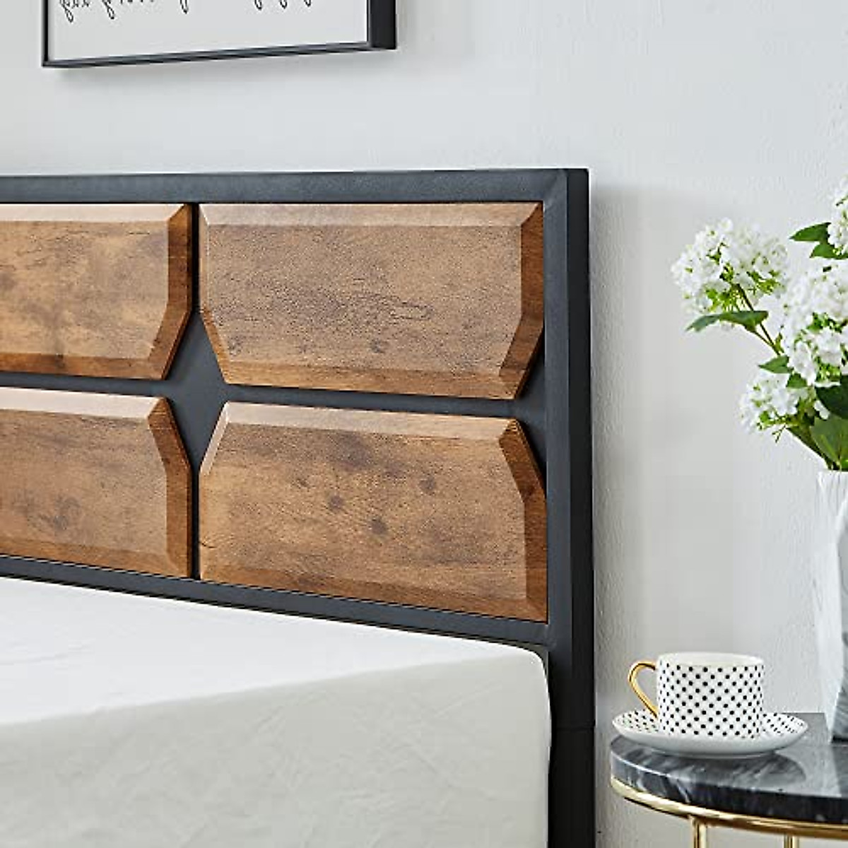 VECELO Twin Size Platform Bed Frame with Wood Headboard/Mattress Foundation/Premium Steel Slats Support/No Box Spring Needed,Brown(Modern)