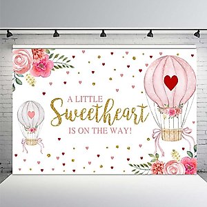 MEHOFOND Sweetheart Baby Shower Party Decorations Backdrop Up Up and Away Hot Air Balloon Pink Red Floral Gold Hearts Valentine Girl Baby Shower Photography Background Photo Banner 7x5ft