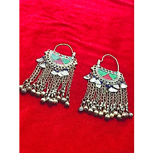 Red and Green Oversized Bells Chaandbaliyaan, Massive Kuchi Boho Earrings With Long Bells, Traditional Afghani Earrings, Vintage Jewelry