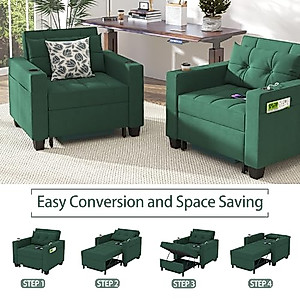 DURASPACE 39 Inch Sleeper Chair 3-in-1 Convertible Chair Bed Pull Out Sleeper Chair Beds Adjustable Single Armchair Sofa Bed with USB Ports, Side Pocket, Cup Holder (Forest Green Linen)