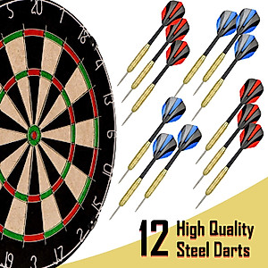 Tian ma Sisal Bristle Dartboard 17.7x1.5 Staple-Free Bullseye 12 Steel Tip Darts 18g Dartboards Mounting Kits Included