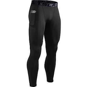 TSLA Men's Thermal Compression Pants, Athletic Sports Leggings & Running Tights, Wintergear Base Layer Bottoms, Pocket Black, Large
