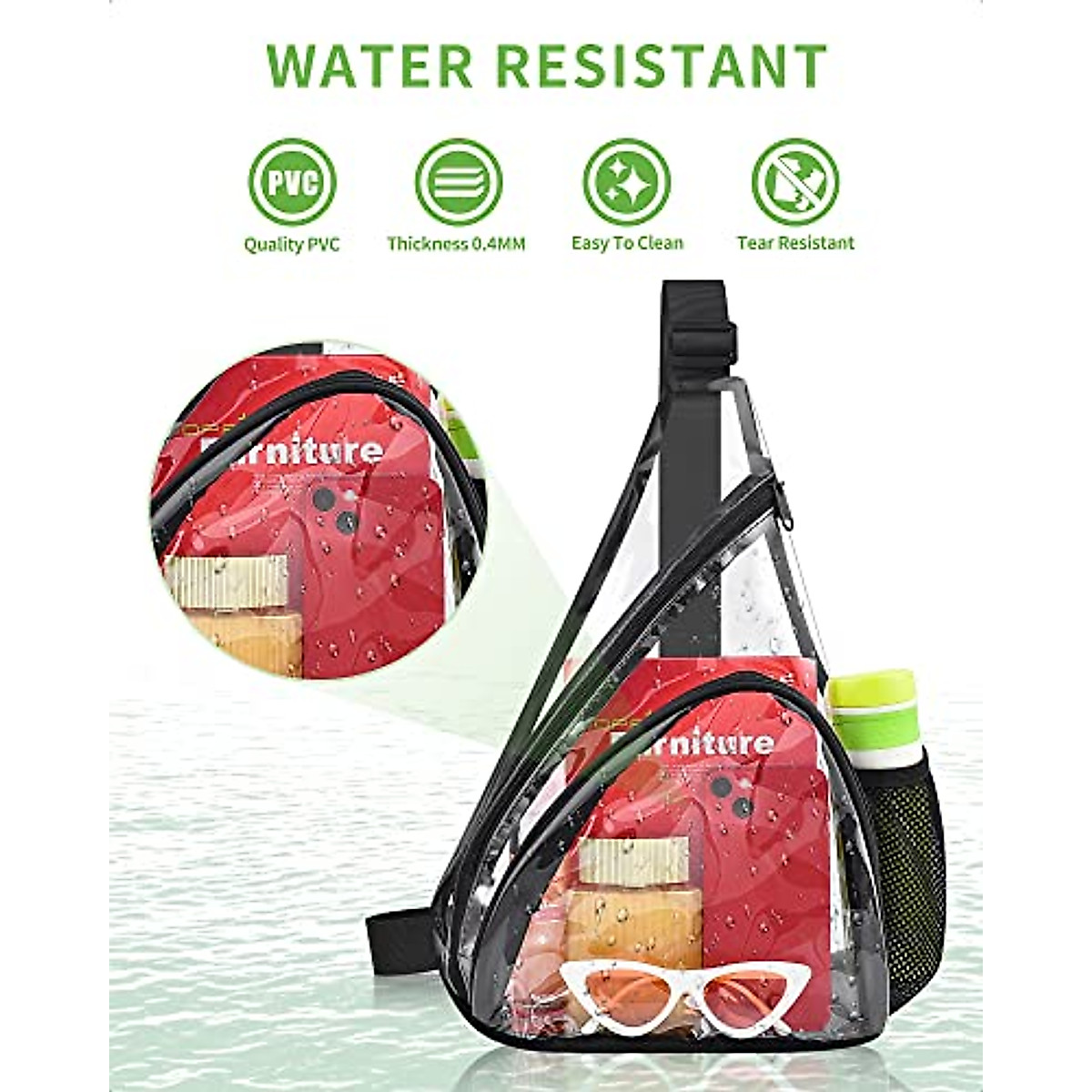 MAY TREE Clear Bag Stadium Approved, Clear Backpack Stadium Approved for Concert Stadium Festival Sport Work, Clear Sling Bag with Heavy Duty Material - Black