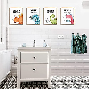 FALJIOK Funny Dinosaur Bathroom Decor, Brush Flush Wipe Wash Baby Boy Nursery Bathroom Wall Art Prints Decorations for Kids Nursery Boy Girl Son Bathroom Set of 4(8" x 10") Unframed