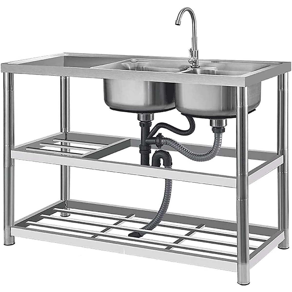 Double Bowl Kitchen Sink Set, Free Standing Double Bowl Kitchen Sinks Utility Restaurant Kitchen Sink for Restaurant, Kitchen, Garage