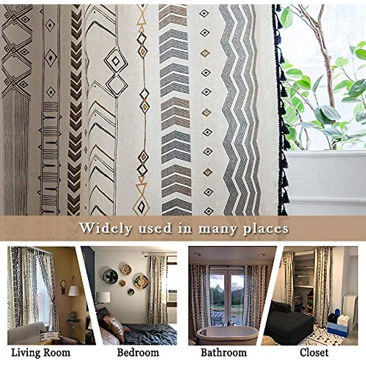 ColorBird Geometric Semi-Blackout Window Curtains 2 Panels Tribal Style Cotton Linen Darkening Curtains with Black Bordered Tassel Rod Pocket Window Drapes for Living Bedroom, 59W x 84L Inch, 1 Pair