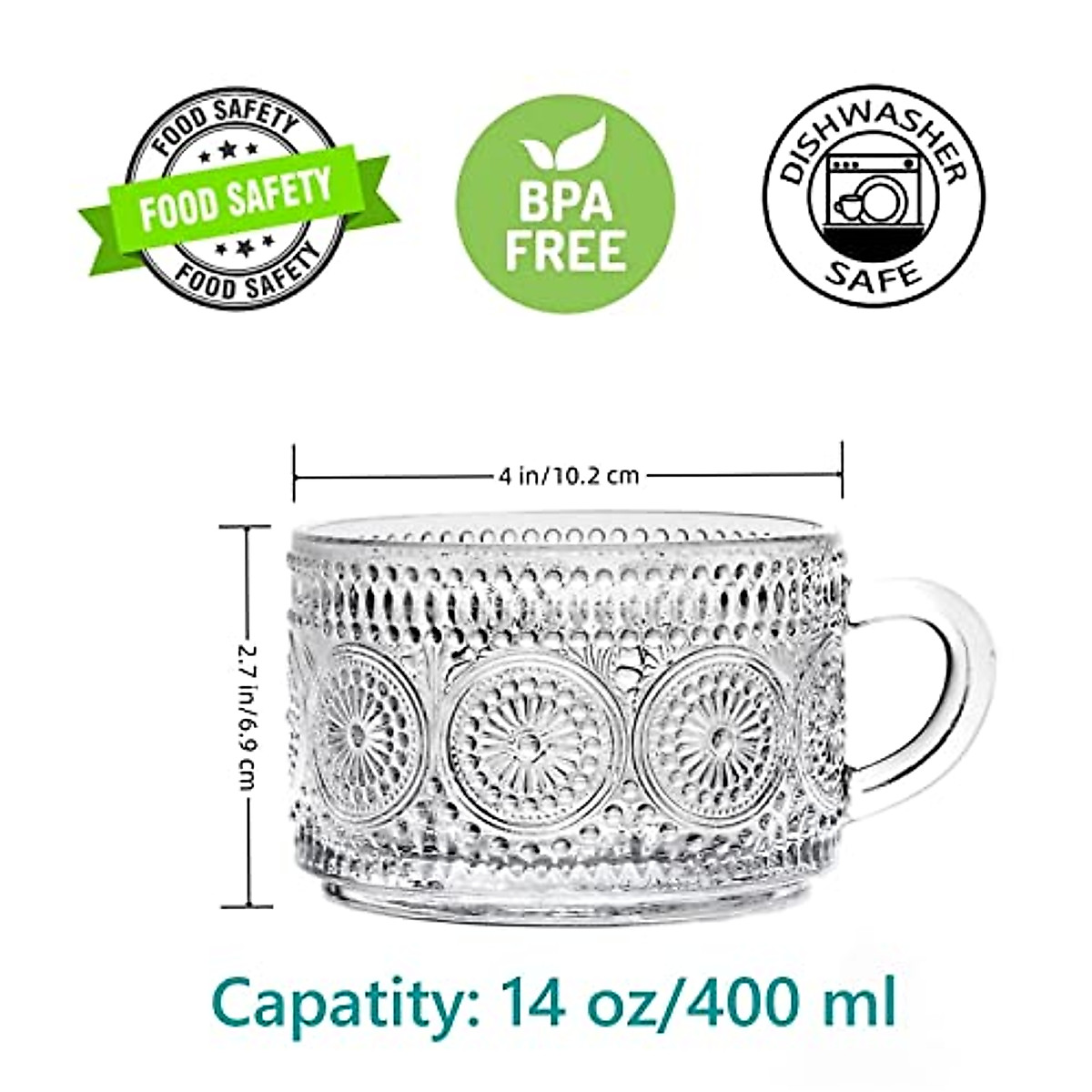 Amzcku Vintage Coffee Tea Cups, Glass Mugs 14 Oz Set of 2 Embossed Glassware with Handle, for Cappuccino, Latte, Cereal, Yogurt, Beverage Hot/Cold, Milk